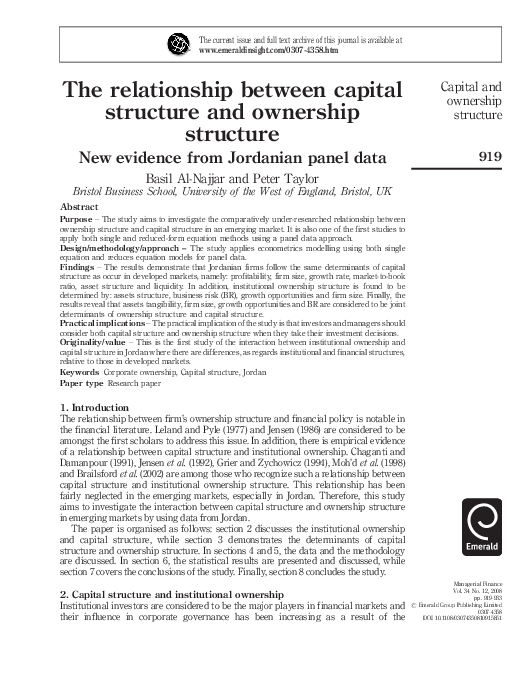 (PDF) Capital and ownership structure 919 The relationship between capital structure and ...