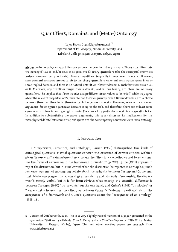 (PDF) Quantifiers, domains, and (meta-) ontology