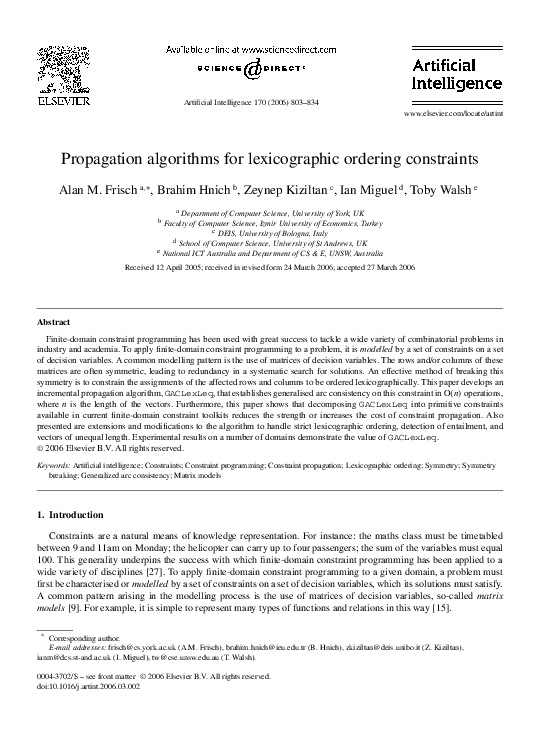 (PDF) Propagation algorithms for lexicographic ordering constraints