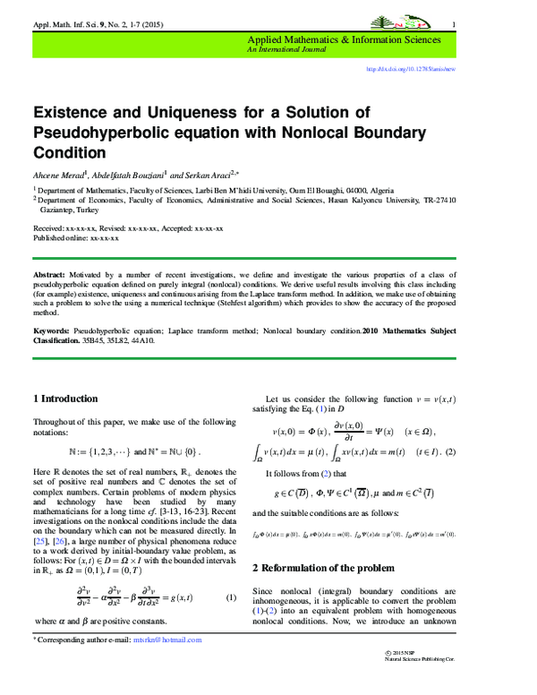 Pdf Existence And Uniqueness Of A Solution For Pseudohyperbolic Equation With Nonlocal