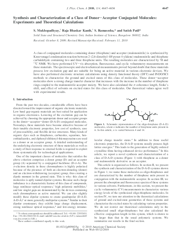 (PDF) Synthesis and characterization of a class of donor-acceptor conjugated molecules ...