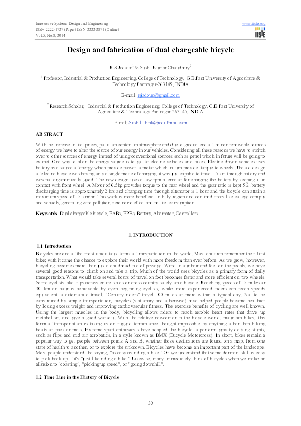 (PDF) Design and fabrication of dual chargeable bicycle