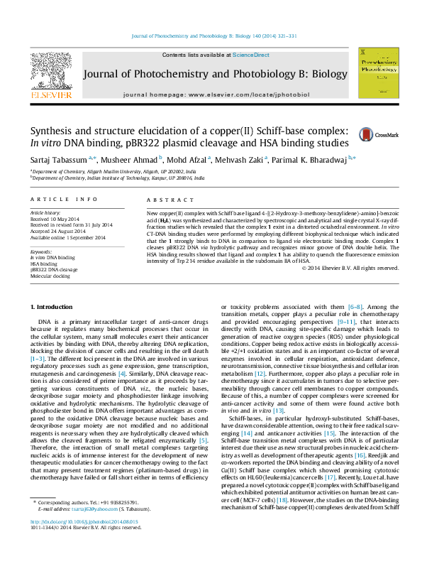 (PDF) Synthesis and structure elucidation of a copper(II) Schiff-base complex: In vitro DNA ...