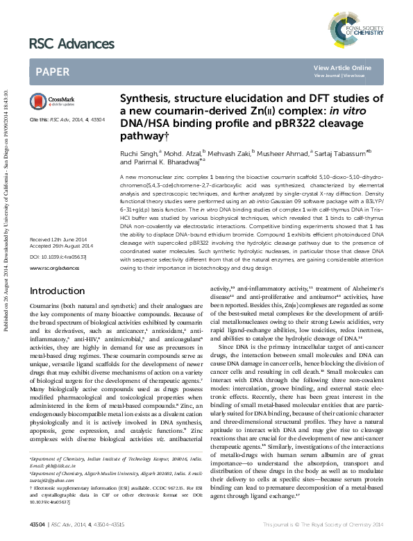 (PDF) Synthesis, structure elucidation and DFT studies of a new coumarin-derived Zn(II ) complex ...