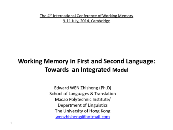 (PDF) "Working Memory in First and Second Language: Towards an integrated model." By Wen ...