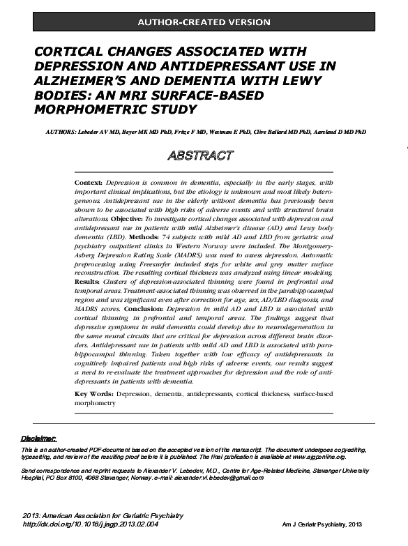 (PDF) Cortical changes associated with depression and antidepressant use in Alzheimer and Lewy ...