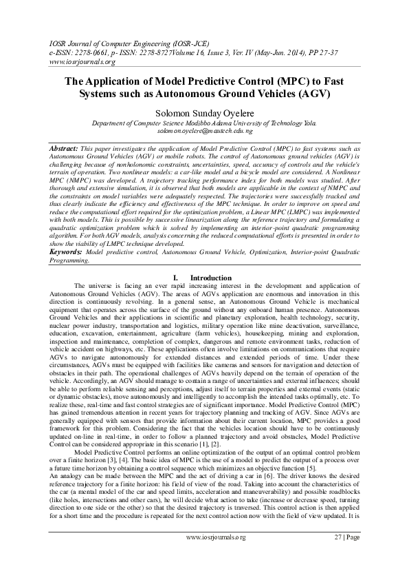 Pdf The Application Of Model Predictive Control Mpc To Fast Systems