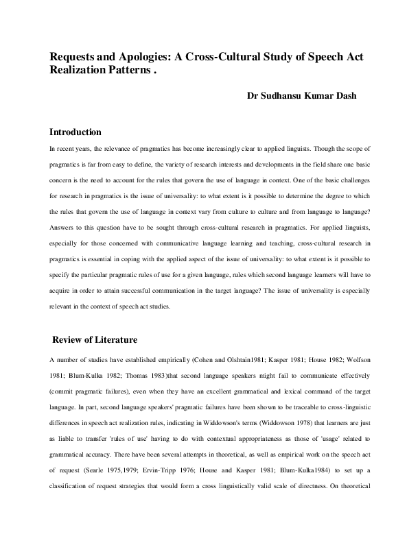 (DOC) Request and Apologies:A Cross-Cultural Study of Speech Act Realization Pattern