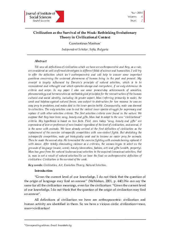 (PDF) Civilization as the Survival of the Weak:Rethinking Evolutionary ...