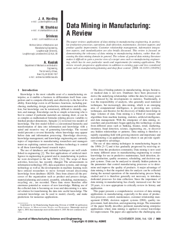 (PDF) Data Mining in Manufacturing: A Review