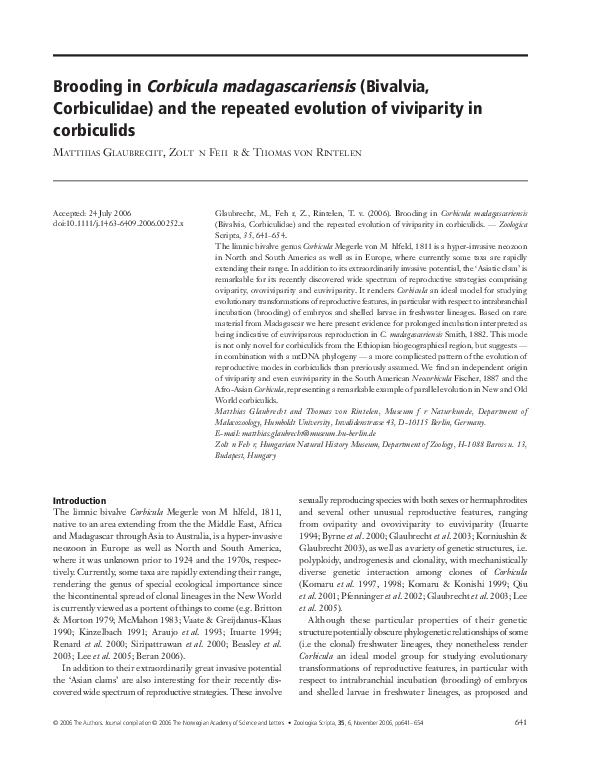 Brooding in Corbicula madagascariensis (Bivalvia, Corbiculidae) and the ...