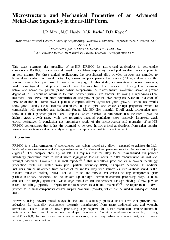 (PDF) Microstructure and Mechanical Properties of an Advanced Nickel-Base Superalloy in the as ...