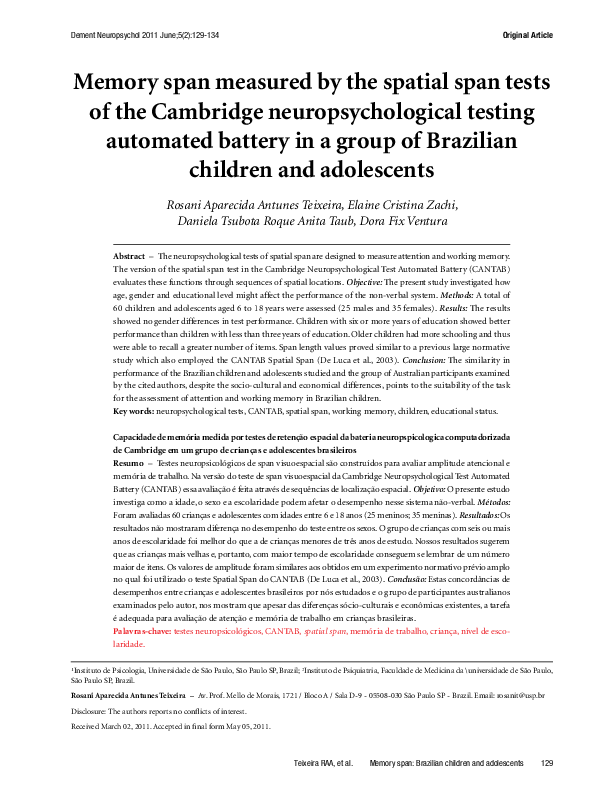 Pdf Memory Span Measured By The Spatial Span Tests Of The Cambridge