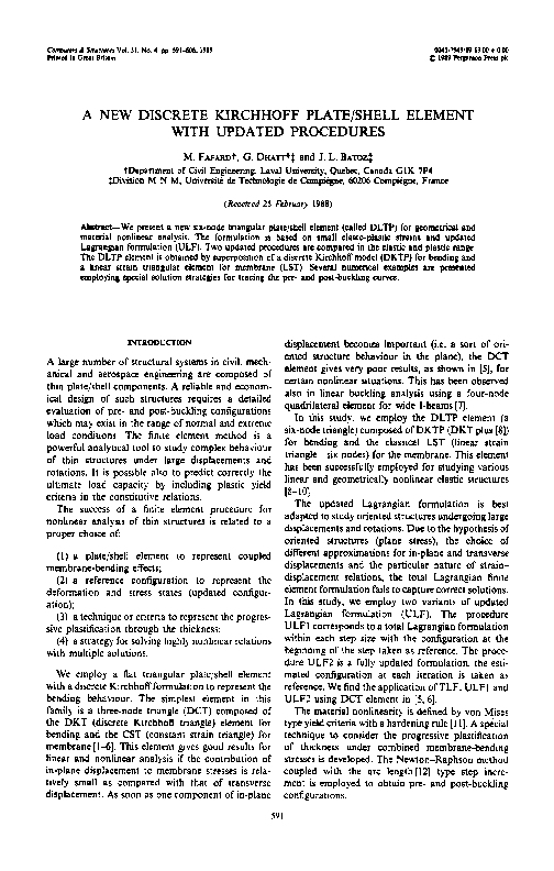 Pdf A New Discrete Kirchhoff Plateshell Element With Updated Procedures