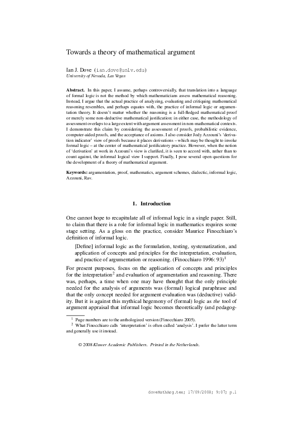 (PDF) Towards a theory of mathematical argument | Ian Dove - Academia.edu