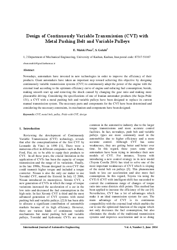 (PDF) Design of Continuously Variable Transmission (CVT) with Metal ...