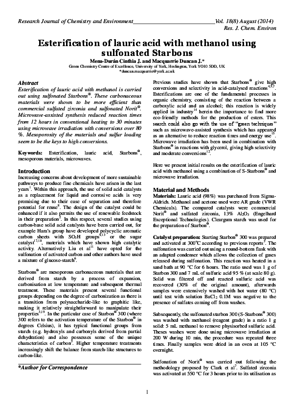 Pdf Esterification Of Lauric Acid With Methanol Using Sulfonated Starbons