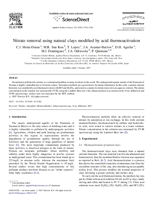 Pdf Nitrate Removal Using Natural Clays Modified By Acid Thermoactivation