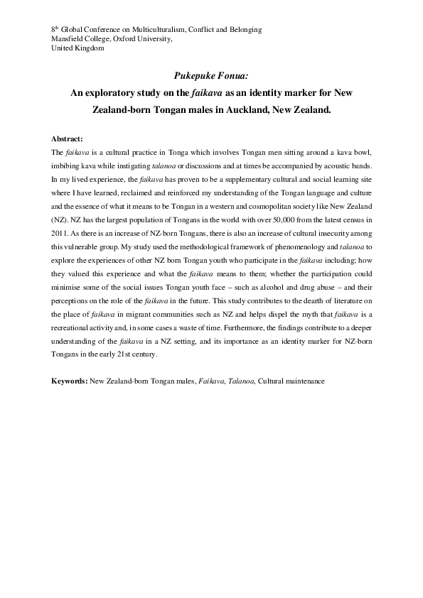 (PDF) Faikava as an identity marker for Tongans in Auckland, New Zealand