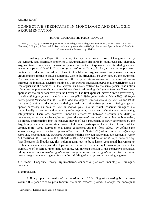 Pdf Connective Predicates In Monologic And Dialogic Argumentation