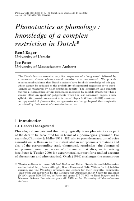 (PDF) Phonotactics as phonology: knowledge of a complex restriction in ...