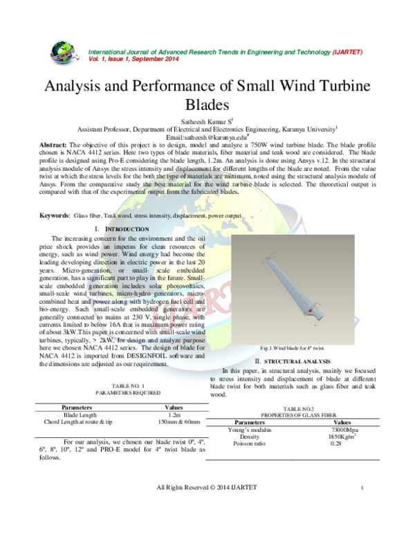 Pdf Analysis And Performance Of Small Wind Turbine Blades