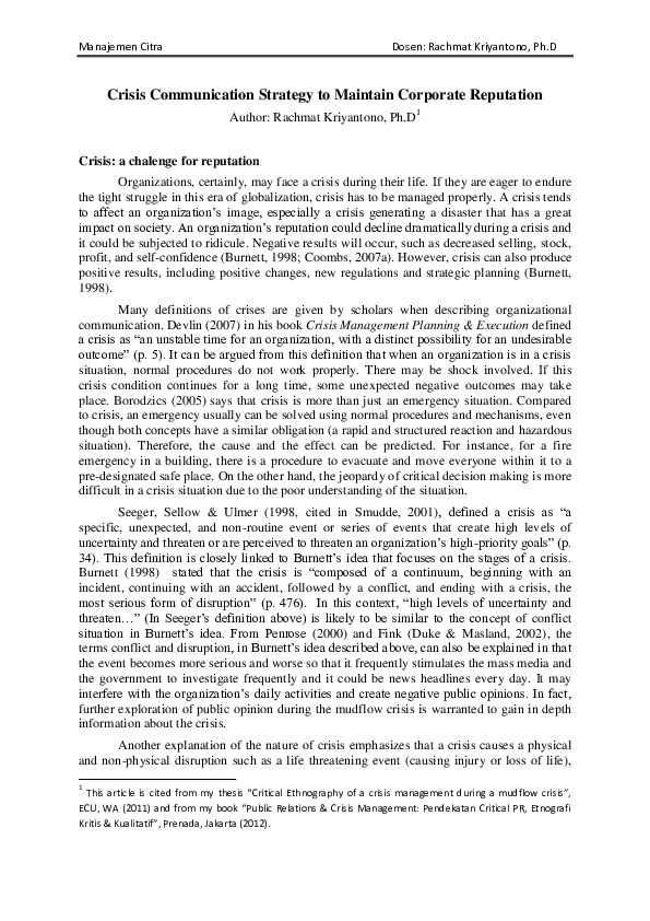 (PDF) Crisis Communication Strategy to Maintain Corporate Reputation ...