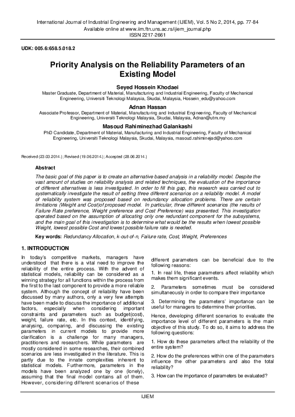 (PDF) Priority Analysis on the Reliability Parameters of an Existing Model