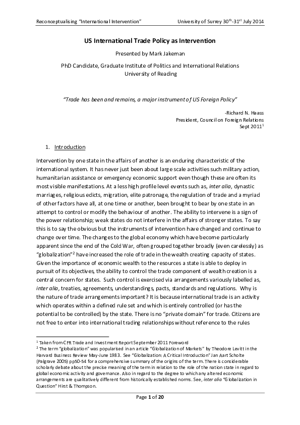 (PDF) US Trade Policy as Intervention