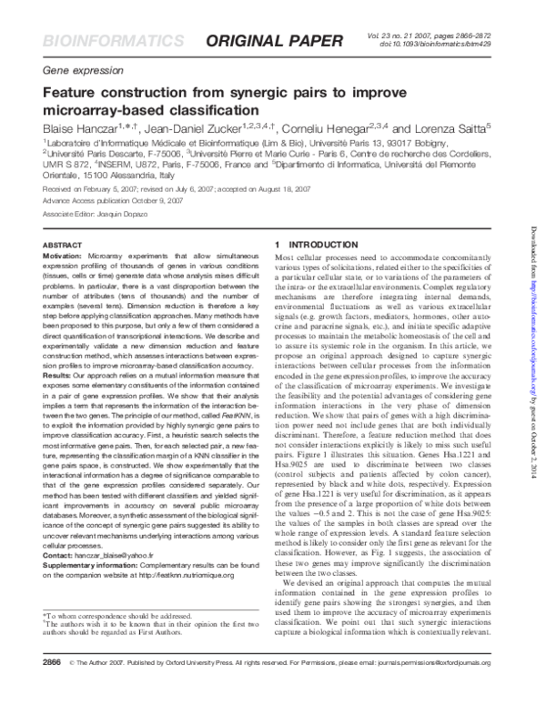(PDF) Feature construction from synergic pairs to improve microarray-based classification