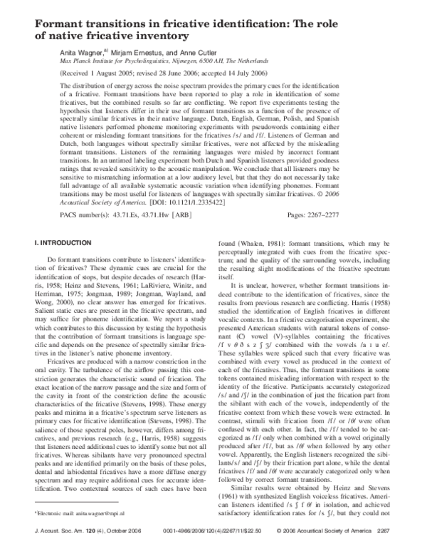 (PDF) Formant transitions in fricative identification: The role of native fricative inventory