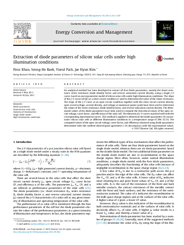 Pdf Extraction Of Diode Parameters Of Silicon Solar Cells Under High