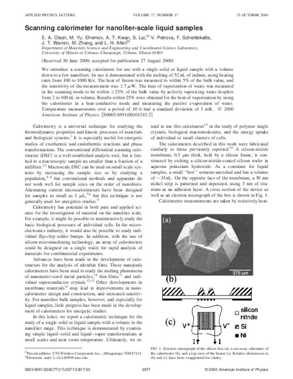 (PDF) Scanning calorimeter for nanoliter-scale liquid samples