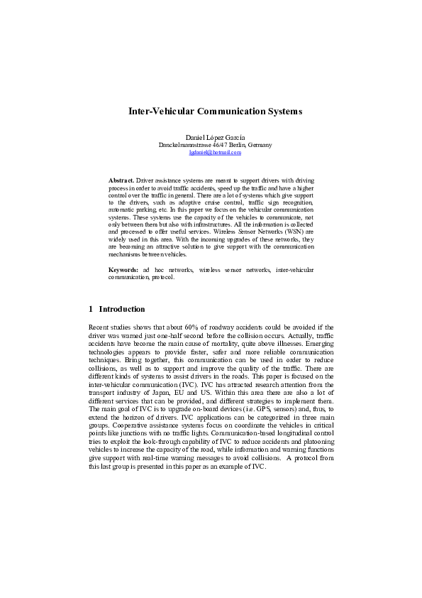Pdf Inter Vehicular Communication Systems 