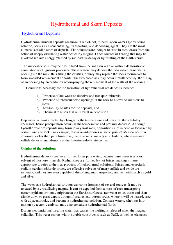 (DOC) Hydrothermal and Skarn Mineral deposits