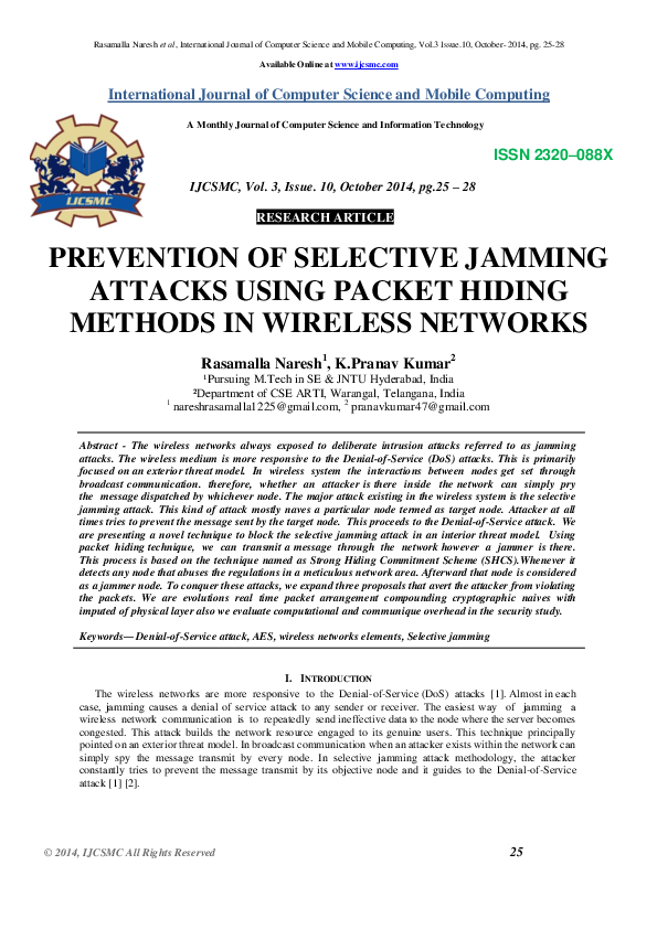 (PDF) PREVENTION OF SELECTIVE JAMMING ATTACKS USING PACKET HIDING METHODS IN WIRELESS NETWORKS