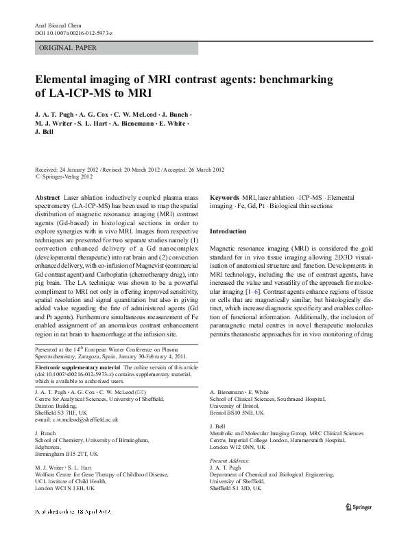 (PDF) Elemental imaging of MRI contrast agents benchmarking of LA-ICP-MS to MRI