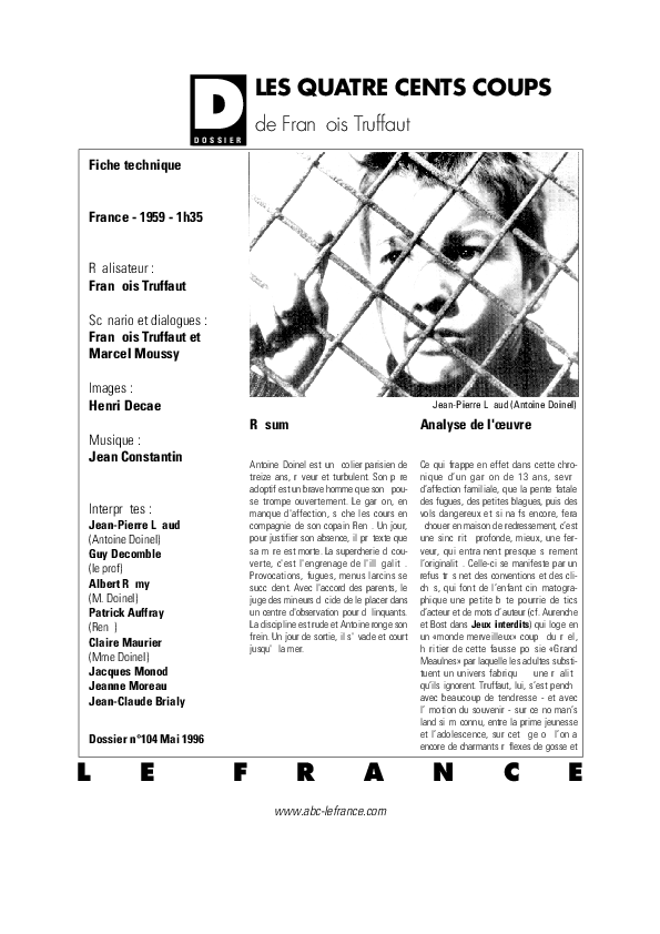 (PDF) LES QUATRE CENTS COUPS de François Truffaut par DOSSIER