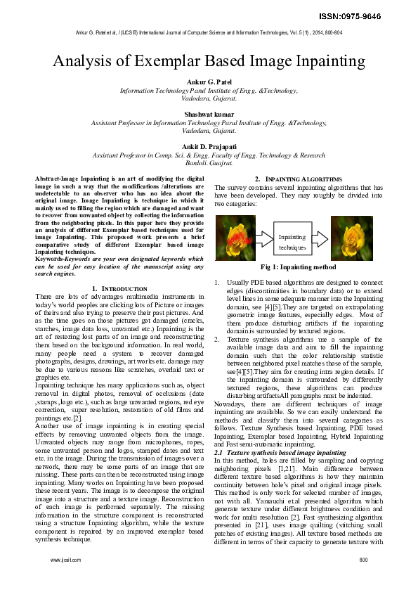(PDF) Analysis of Exemplar Based Image Inpainting