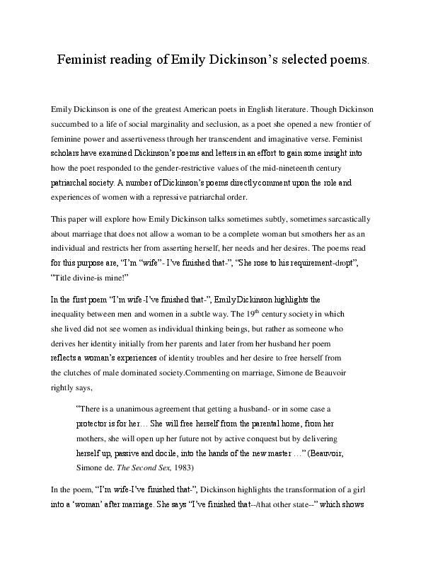 (DOC) Feminist Reading of Emily Dickinson's select poems