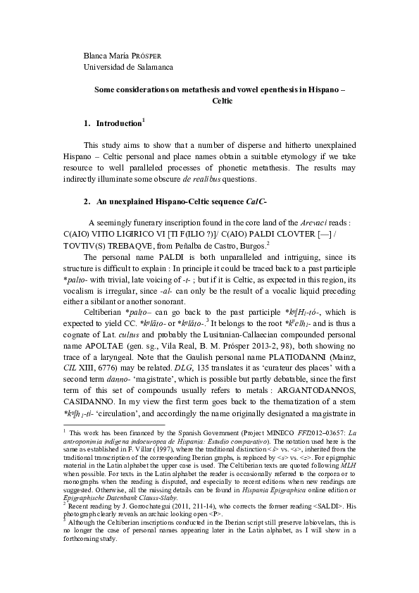 (PDF) Some considerations on metathesis and vowel epenthesis in Hispano ...