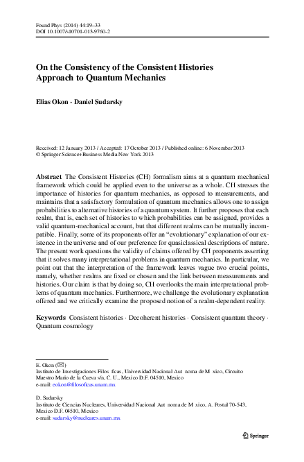 (PDF) On the Consistency of the Consistent Histories Approach to Quantum Mechanics