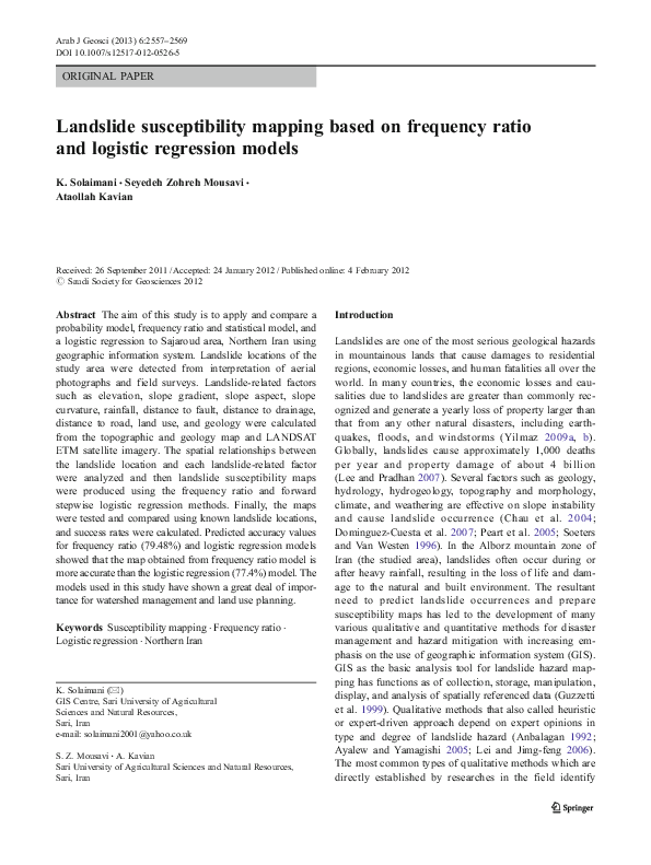 Pdf Landslide Susceptibility Mapping Based On Frequency Ratio And Logistic Regression Models