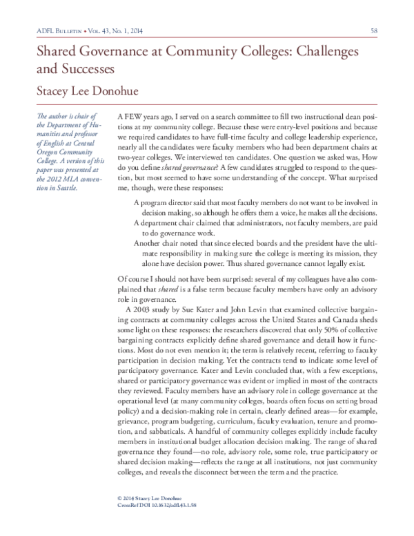 (PDF) Shared Governance at Community Colleges: Challenges and Successes