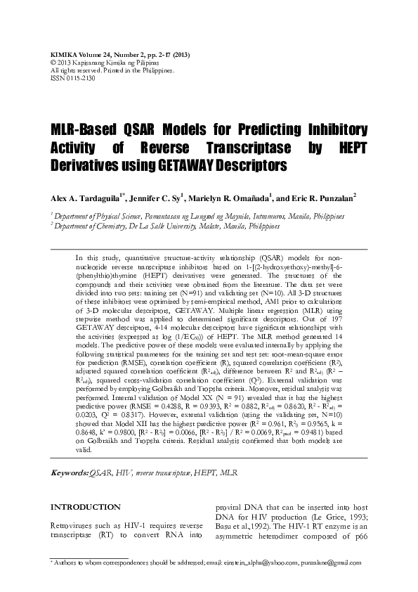 Pdf Mlr Based Qsar Models For Predicting Inhibitory Activity Of Reverse Transcriptase By Hept