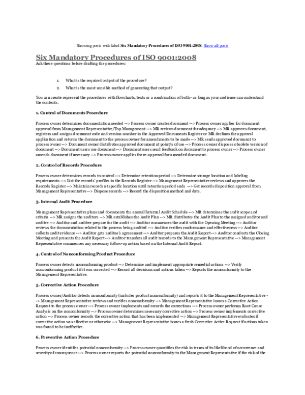 (DOC) Showing posts with label Six Mandatory Procedures of ISO 9001