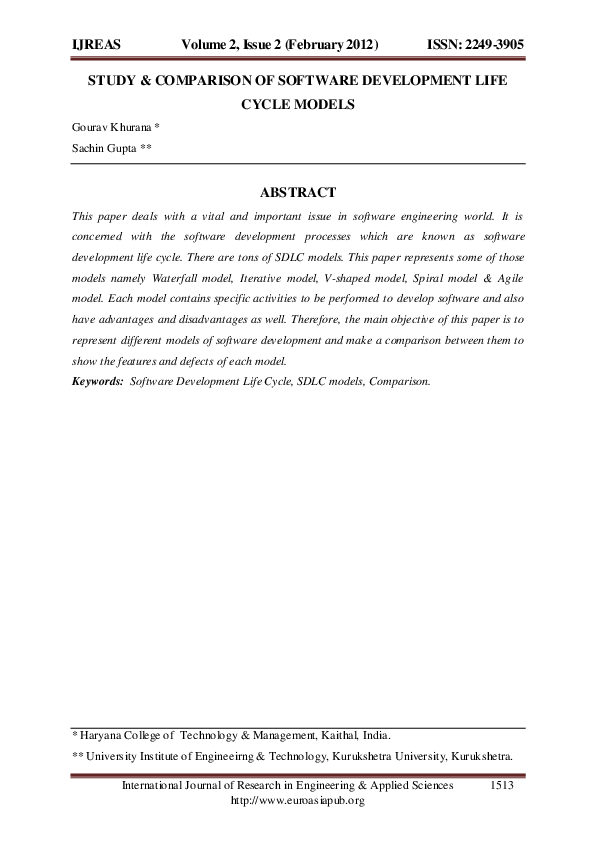 (PDF) STUDY & COMPARISON OF SOFTWARE DEVELOPMENT LIFE CYCLE MODELS