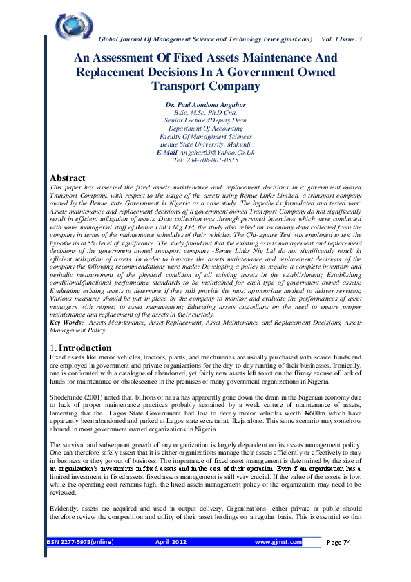 (PDF) An Assessment of Fixed Asset Maintenance and Replacement ...