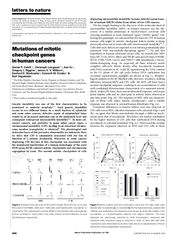 (PDF) Mutations of mitotic checkpoint genes in human cancers | Jian Yu ...