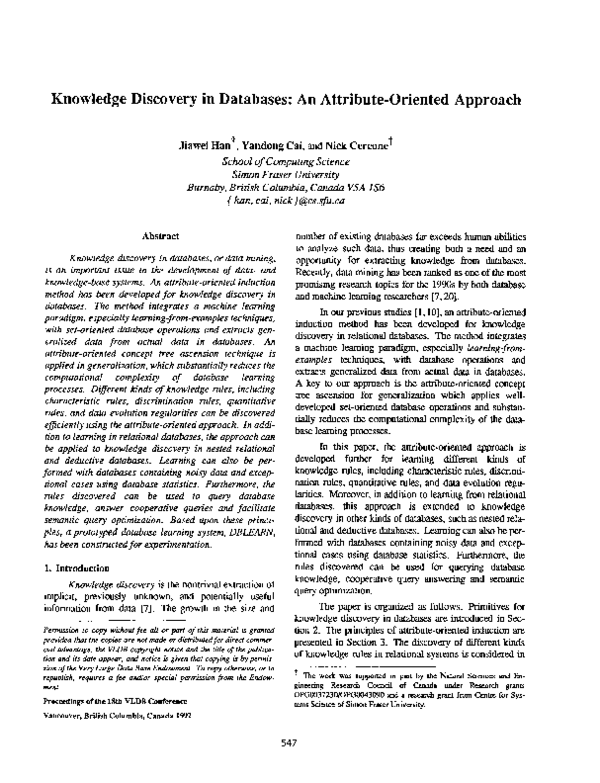 Pdf Knowledge Discovery In Databases An Attribute Oriented Approach Jiawei Han